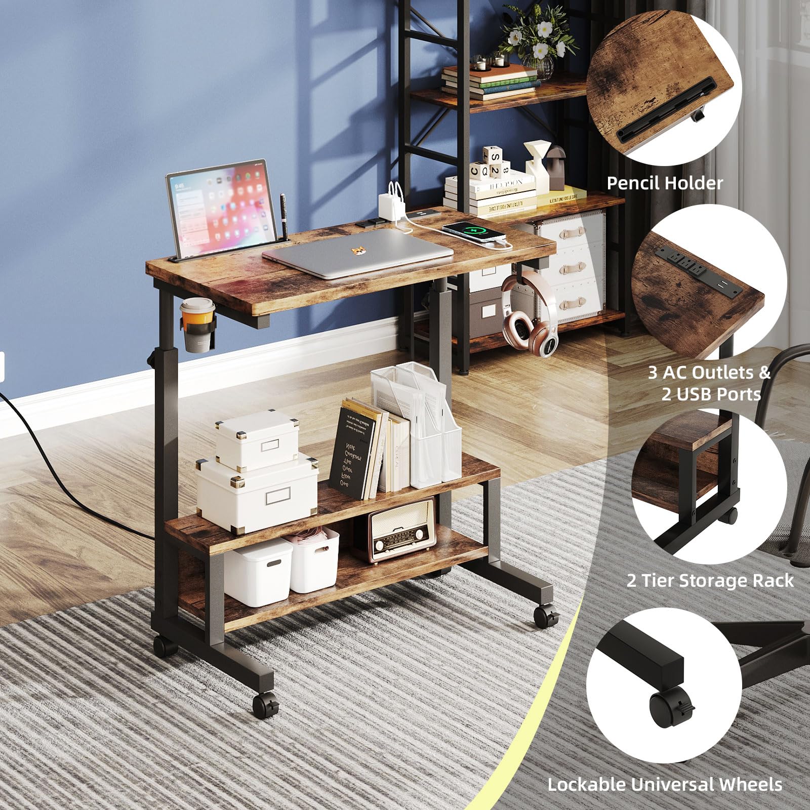 32 Inch Standing Desk with Power Outlets, Manual Stand Up Desk with Wheels, Small Mobile Rolling Computer Desk Laptop Table with Adjustable Height for Home Office, Black