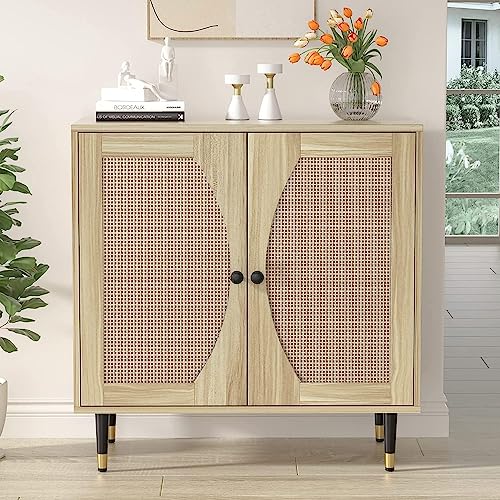 4ever2buy Rattan Buffet Cabinet Sideboard with Storage, Kitchen Accent Cabinet with Woven Natural Rattan Doors, Entryway Cabinet with Adjustable Shelves,Console Tables for Living Bedroom Dining Room