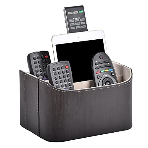 LUXSUN Remote Control Holder, Large Capacity Leather Remote Caddy, Desktop Organizer and Storage Box with 5 Compartments for TV Remotes/Controllers/Media Player/Mobile Phone/Pencil(Grey