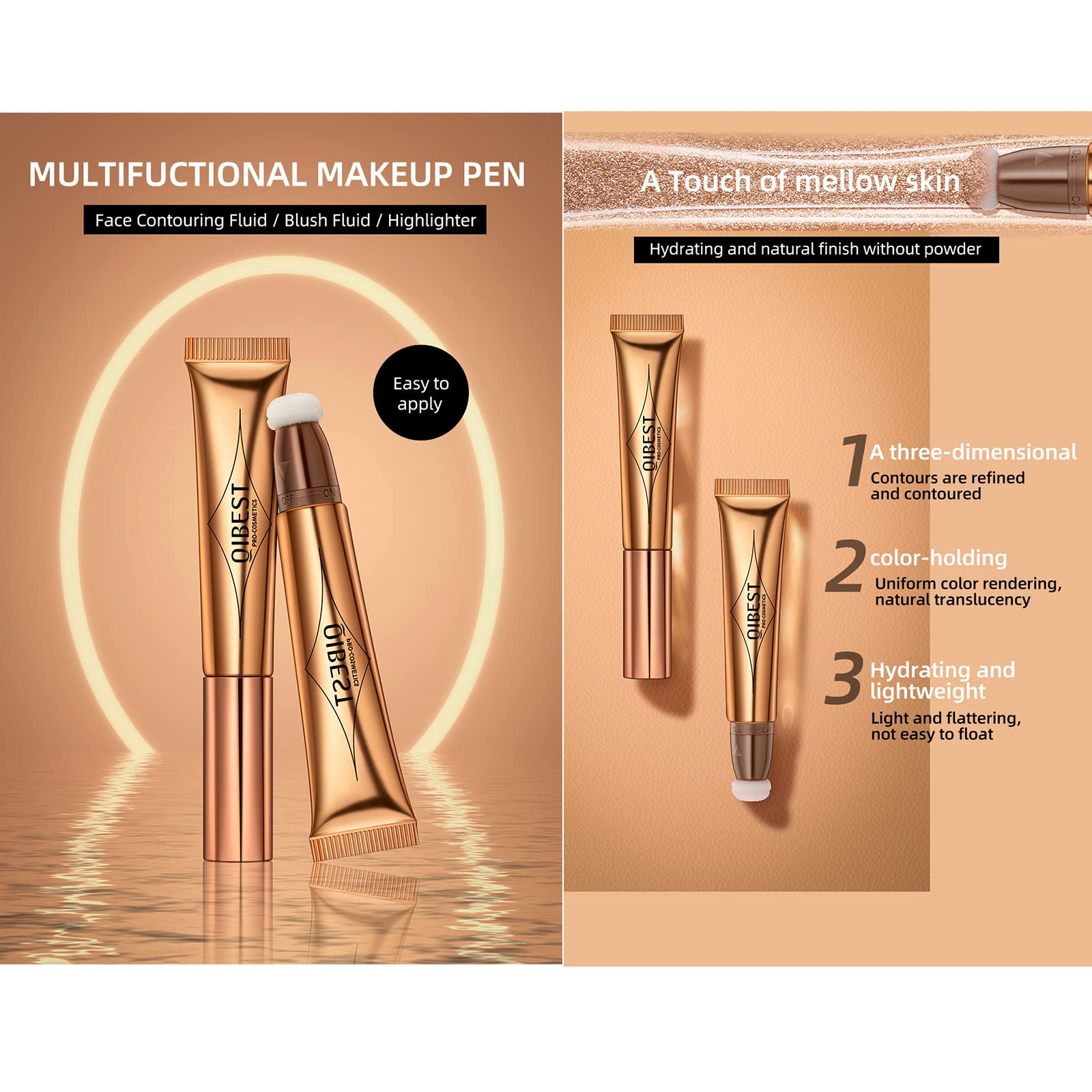 2PCS Highlighter Wand, Contour Wand Dupe, Contour Beauty Wand, Contour Beauty Wand, Liquid Highlighter Beauty Wand With Cushion Applicator, Face Highlight Bronzer Stick with Cushion Applicator