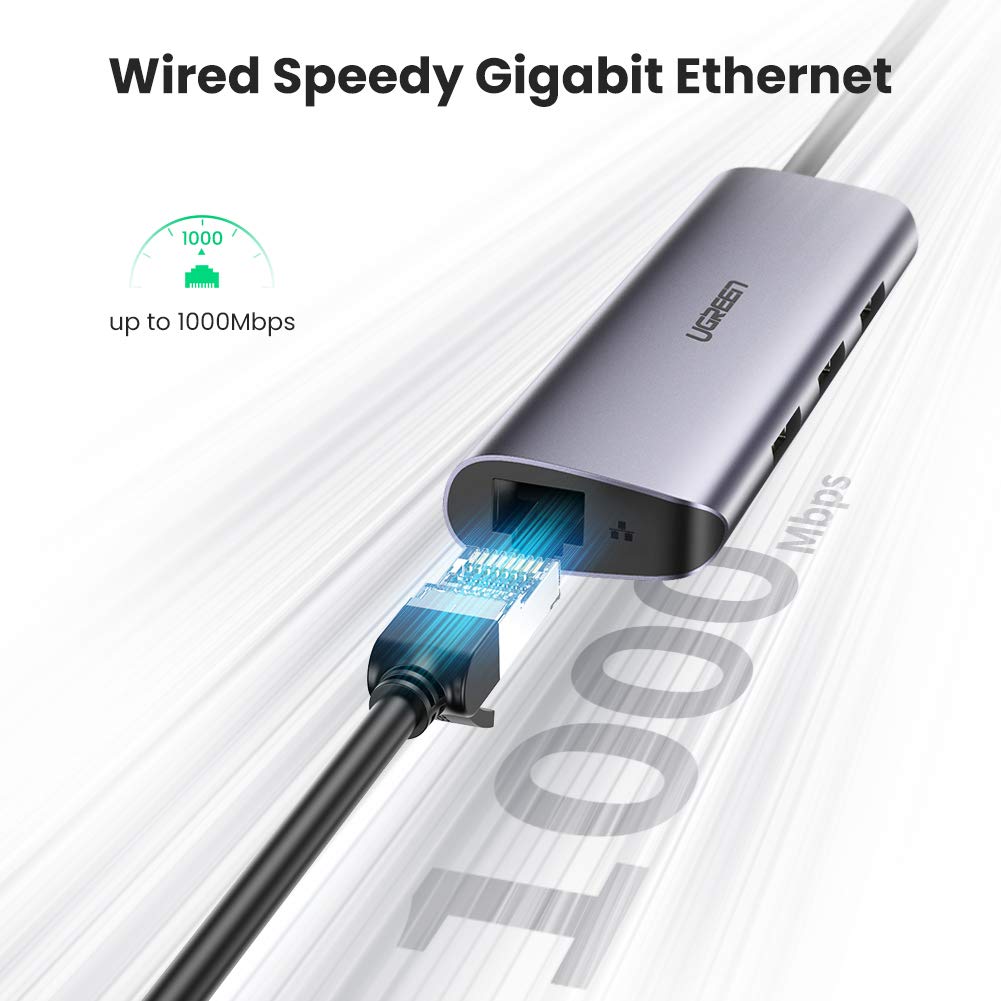 UGREEN USB C Hub Type C to 3 Port USB 3.0 Dock with Gigabit Ethernet Adapter Micro USB Power Compatible with MacBook Pro Air Mac Mini Dell XPS Chromebook Pixel Surface Book 2 Samsung S10 S9 Plus S8