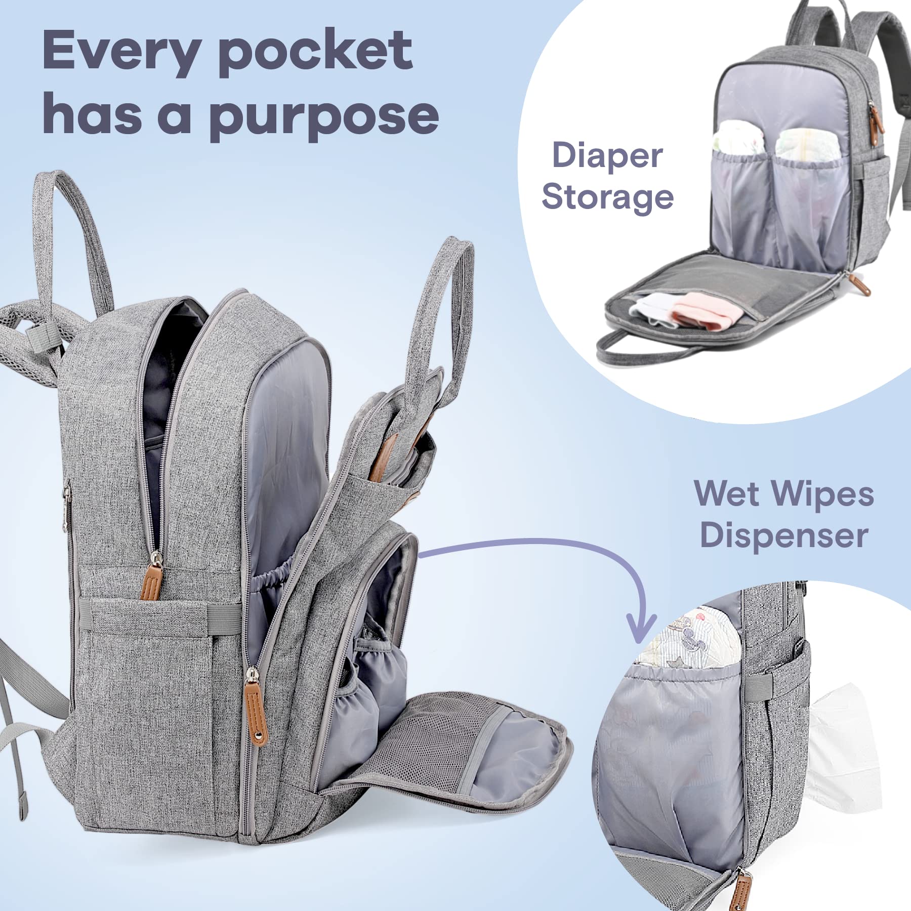 RUVALINO Diaper Bag Backpack, Stroller Hooks, Multifunction Travel Baby Back Pack with Changing Pad, Universal Stroller Clips for Mom Girls