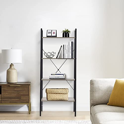 LuxenHome 4 Tier Ladder Bookshelf, 58'' Modern Leaning Bookshelf, Solid Real Wood Bookcase, Rustic Shelves with Industrial Metal Frame, Tall Wide Bookshelf Storage for Classroom, Light-Oak