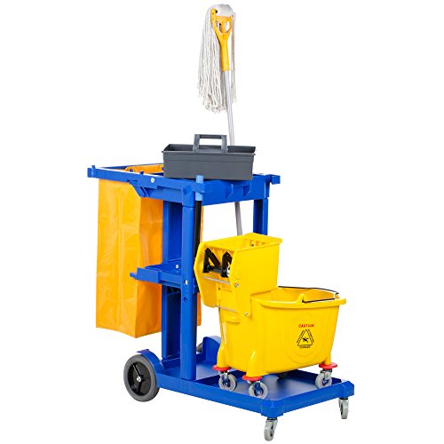 6-Piece Heavy Duty Janitorial Set Includes:Janitor Cart with 3 Storage Shelves, Vinyl Waste Bag, Mop Bucket,Wringer, Cotton-End Wet Mop Head, Mop Handle & Janitor Caddy
