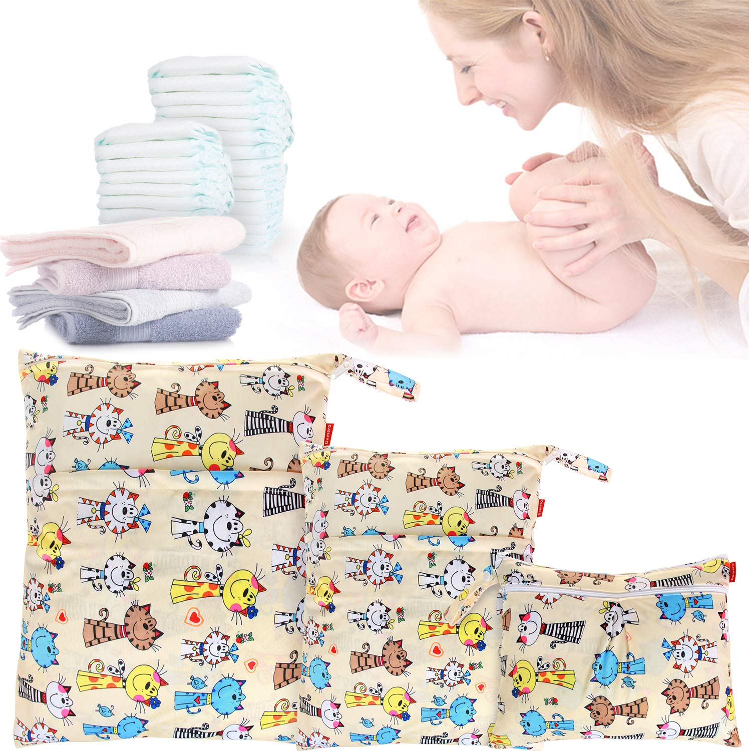 Damero 3pcs Pack Wet Dry Bag for Cloth Diapers Daycare Organizer Bag, Cats