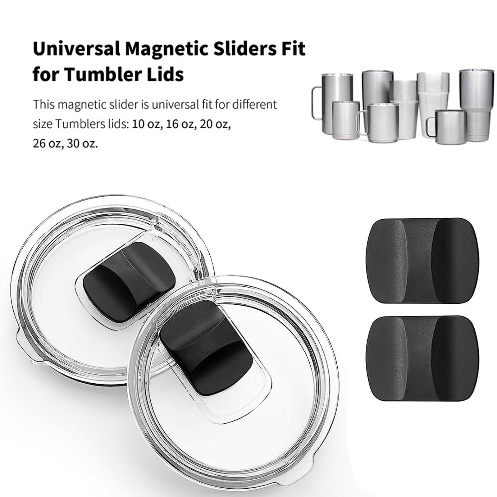 20oz Magnetic Tumbler Lid 2Pack,Compatible with Ozark Trail,Old Style Rtic,YETI Rambler and More,Magnetic Slider Switch Spill Proof Tumbler Cover (2 Pack, Black)