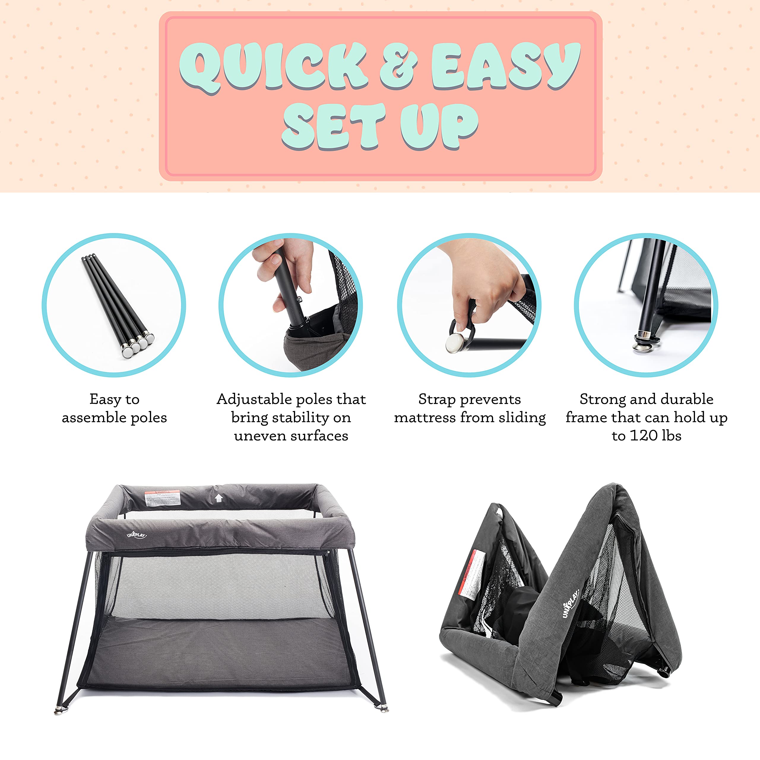 UNiPLAY Baby Foldable Travel Crib, Portable Toddler Playpen with Carry Case and Side Zipper Design for Easy Access
