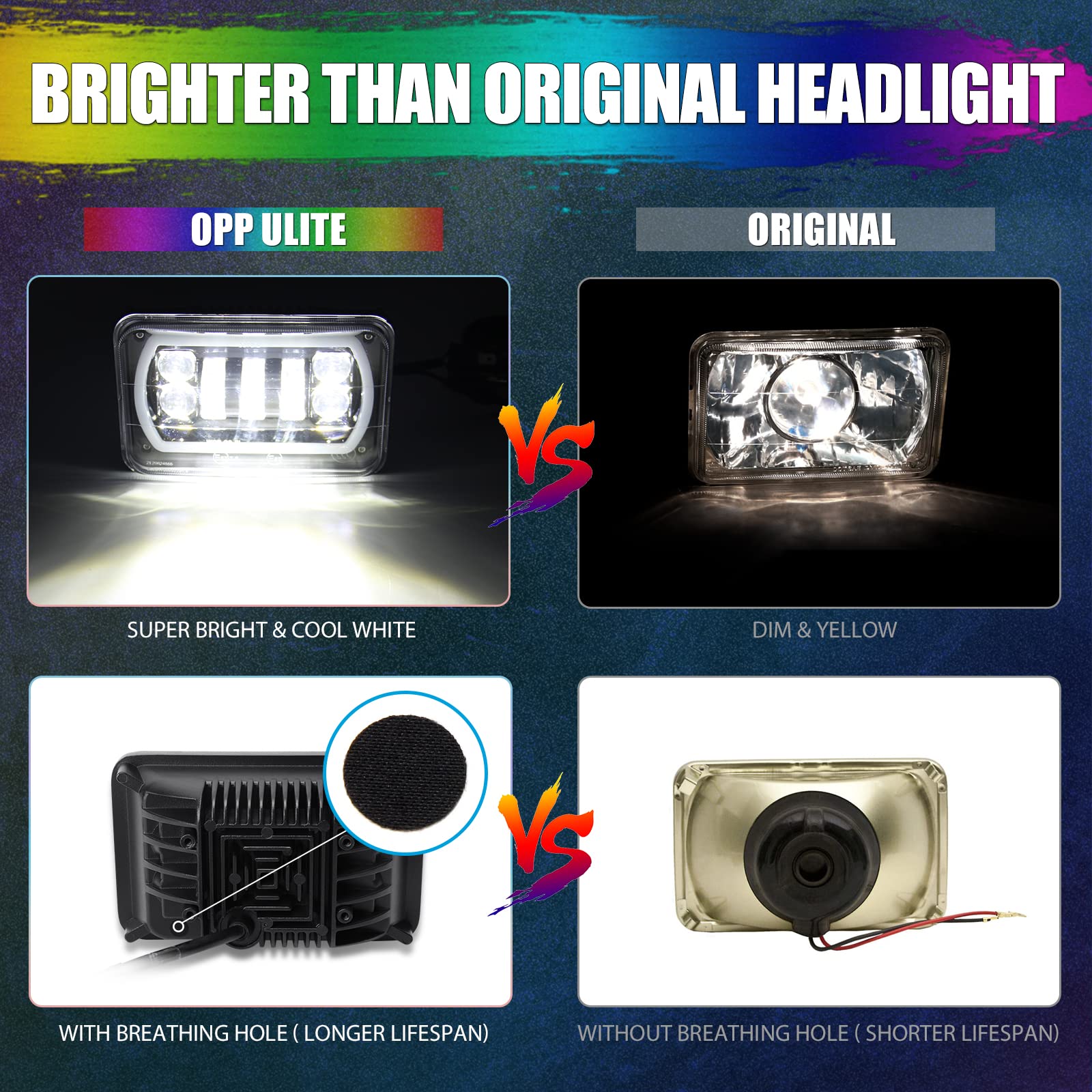 4x6 Led Headlight RGB Halo Ring, Music Mode, Smartphone APP Control, Seal Beam Replace H4651 H4656 H4666 Rectangular Square Headlights for Trucks Peterbilt Kenworth Monte Carlo Oldsmobile (2PC Pack)