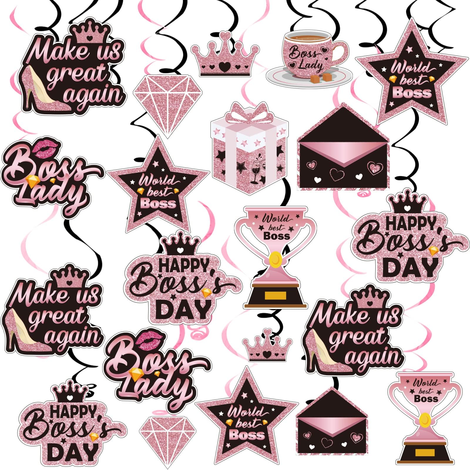 48 PCS Boss Day Decorations Pink and Black Happy Boss's Day Party Banner National Bosses Day Decorations for Women Office Hanging Streams Ceiling Swirls Rose Gold Glitter Supplies Favors Decor