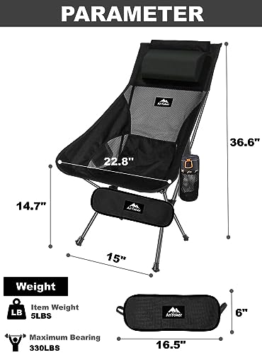AnYoker Camping Chair, High-Back Compact Backpacking Chair, Portable Folding Chair, Beach Chair with Side Pocket and headrest, Lightweight Hiking Chair 0066ZZ (Black)