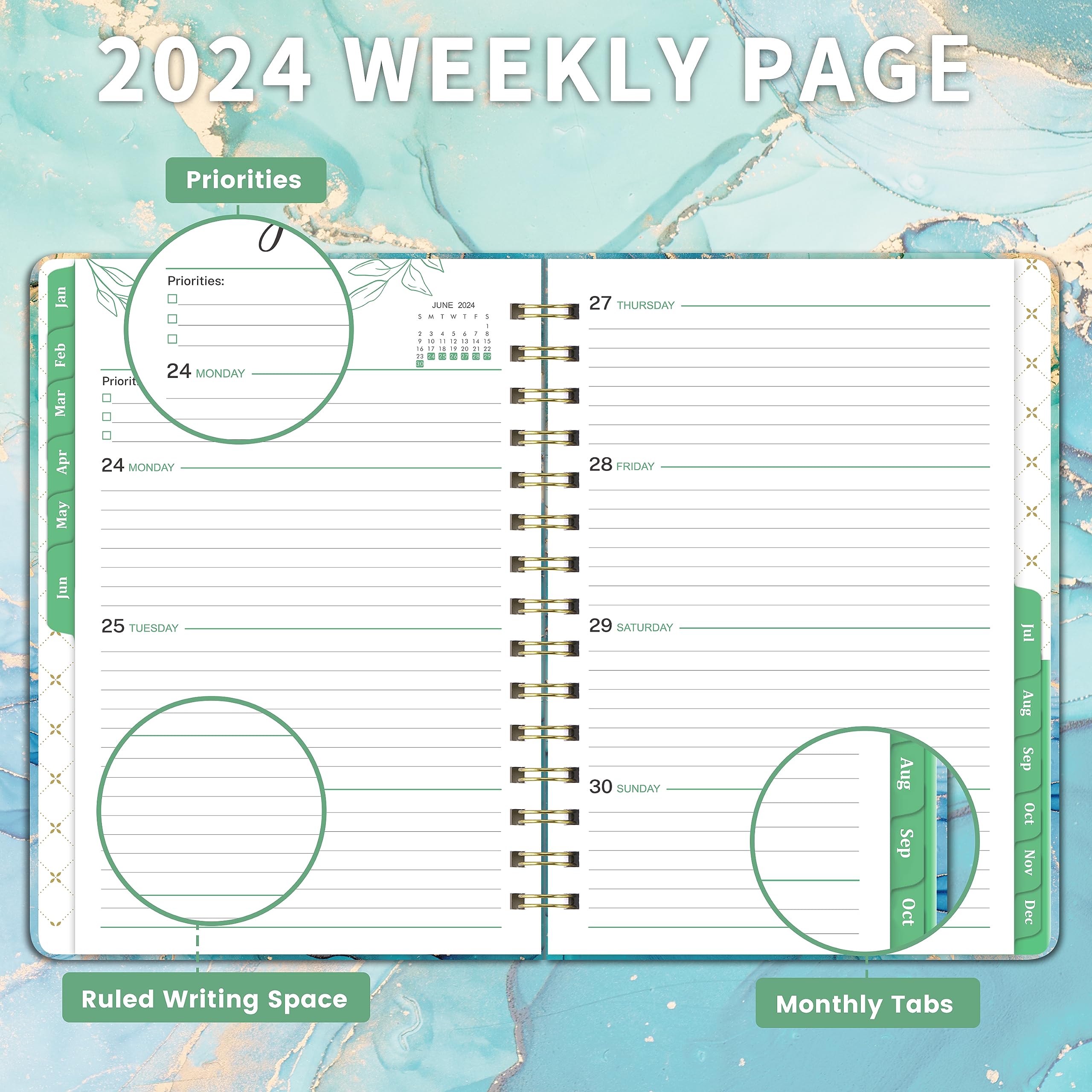 2024 Monthly Planner - Monthly Calendar/Planner 2024, Jan 2024 - Dec 2024, 9" x 11", 2024 Planner with Monthly Tabs, Twin-Wire Binding, Back Pocket
