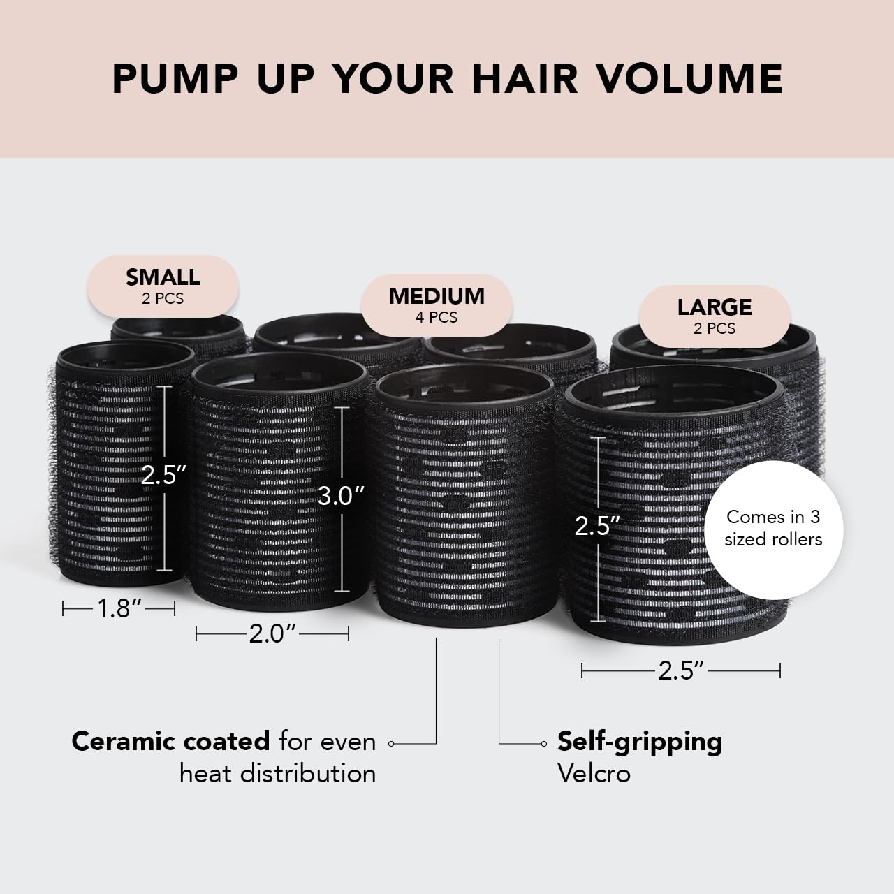 Kitsch Ceramic Thermal Rollers - Self Grip Hair Rollers for Blowout Look Long Hair, Curlers for Short Hair and Medium Hair, Volume Curls, Ceramic Coated Core, Valentines Gift for Her - Black, 8pc