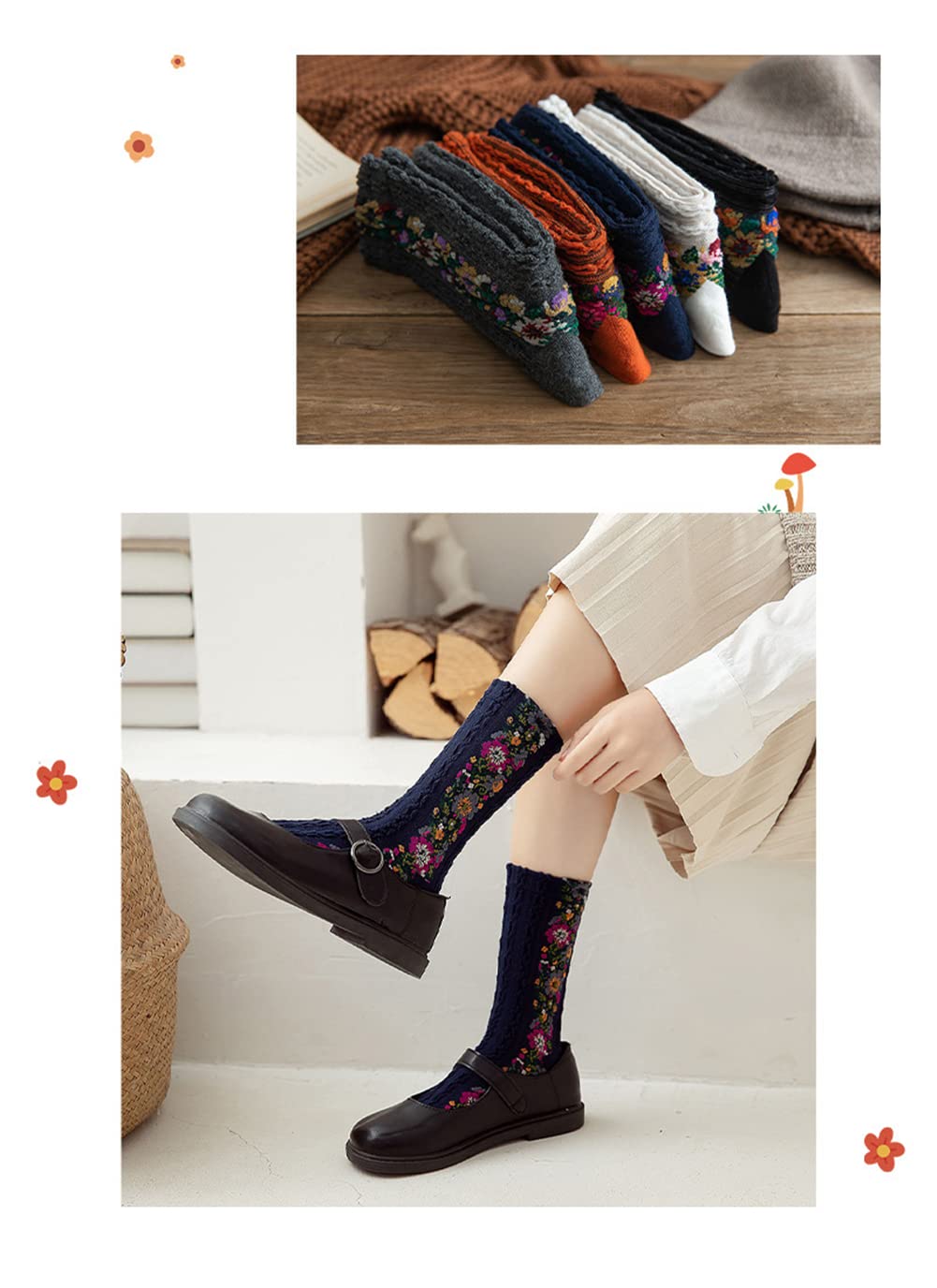 2023 Flower Ladies Socks Women's Long Sock Vintage Cotton Casual Cute Mid-Calf Socks