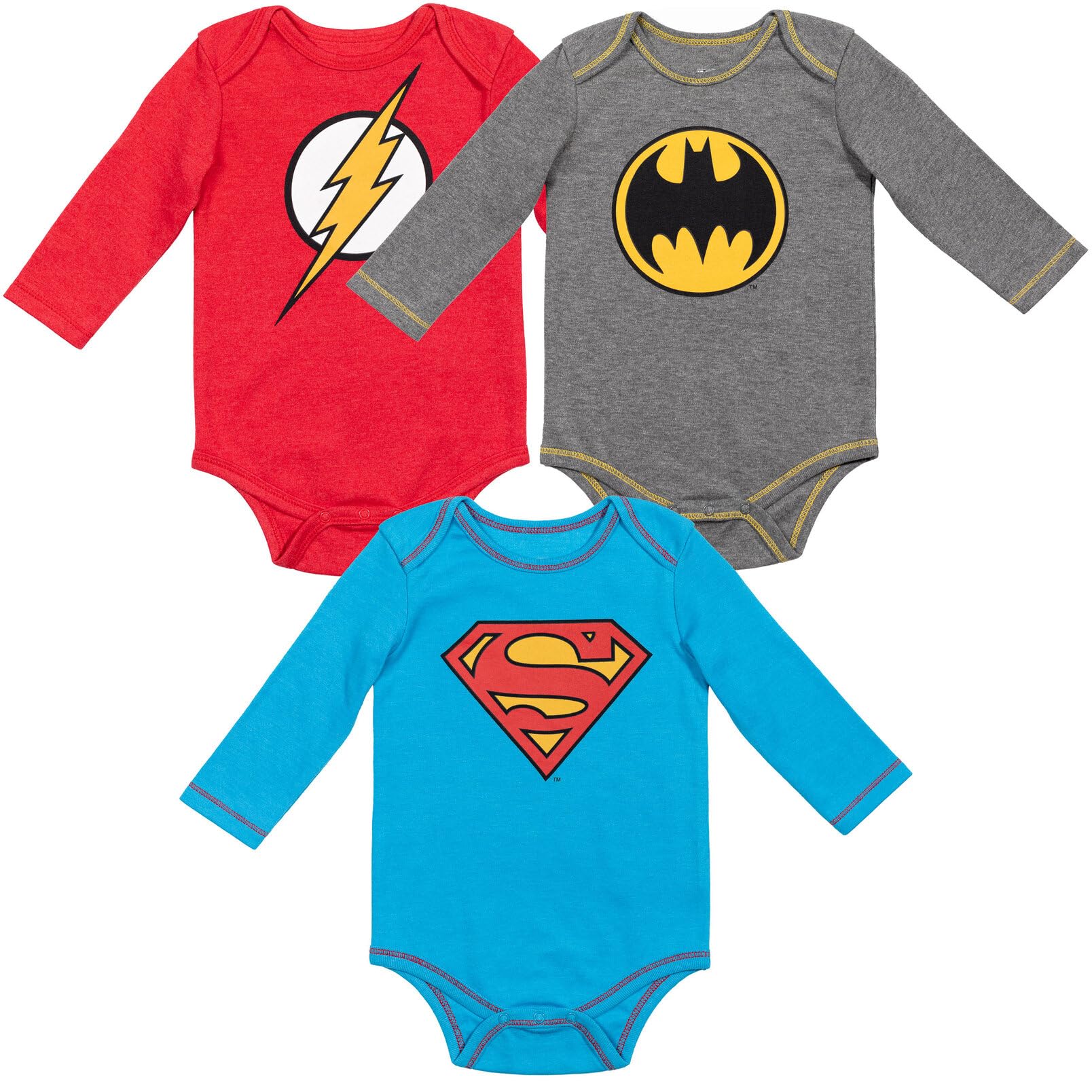 WARNER BROS. Justice League Superman Batman Flash Baby 3 Pack Long Sleeve Bodysuit