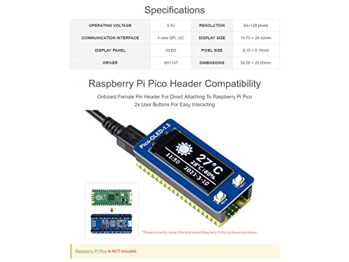 Waveshare 1.3inch OLED Display Module for Raspberry Pi Pico 64×128 Pixels with SPI/I2C Interface Embedded SH1107 Driver Comes with Raspberry Pi Pico C/C++ and MicroPython Demo