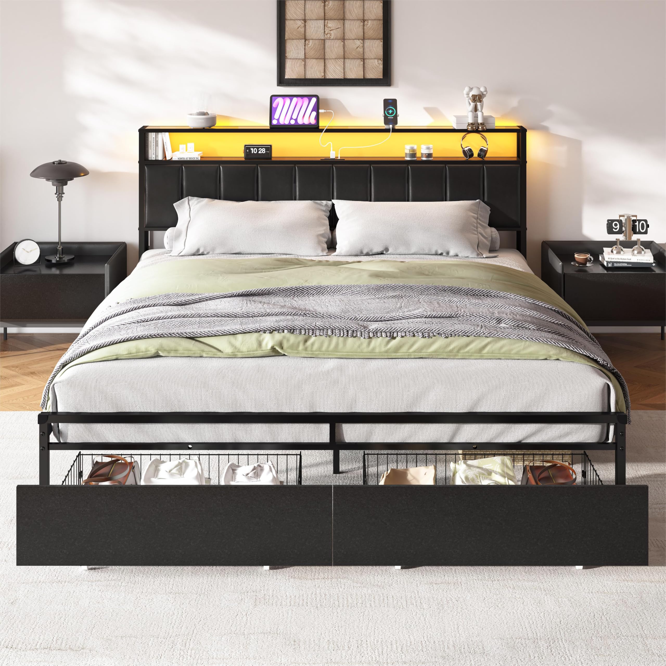 Albott Queen Storage Bed Frame with 2 Drawers, Platform Bed with 2-Tier Storage & Leather Upholstered & Charging Station Headboard, No Box Spring Needed, Noise Free, Easy Assembly, Black