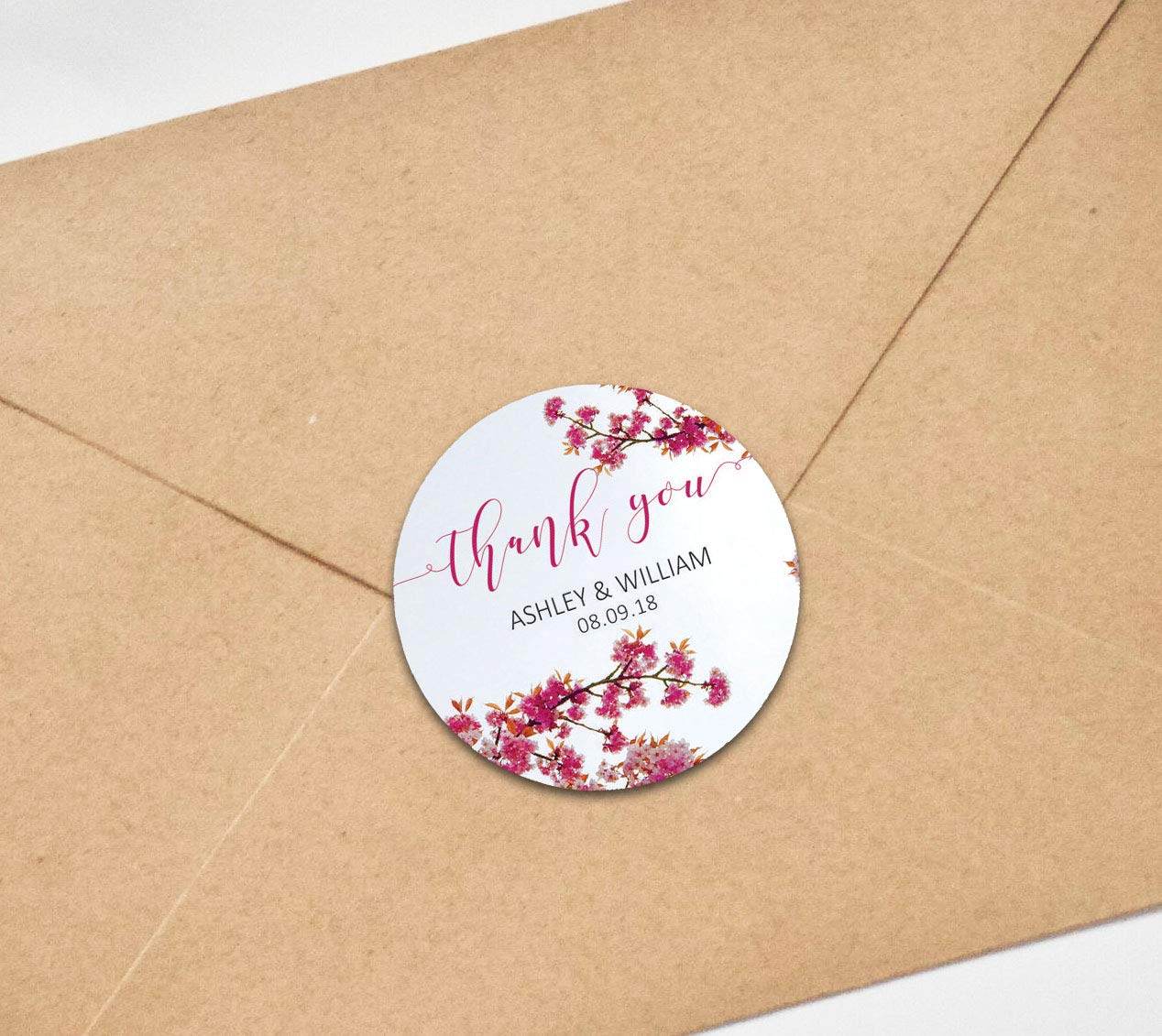 Darling Souvenir Round Cherry Blossom Thank You Stickers Personalized Bride Groom Names and Date Envelope Seals-45 Pcs