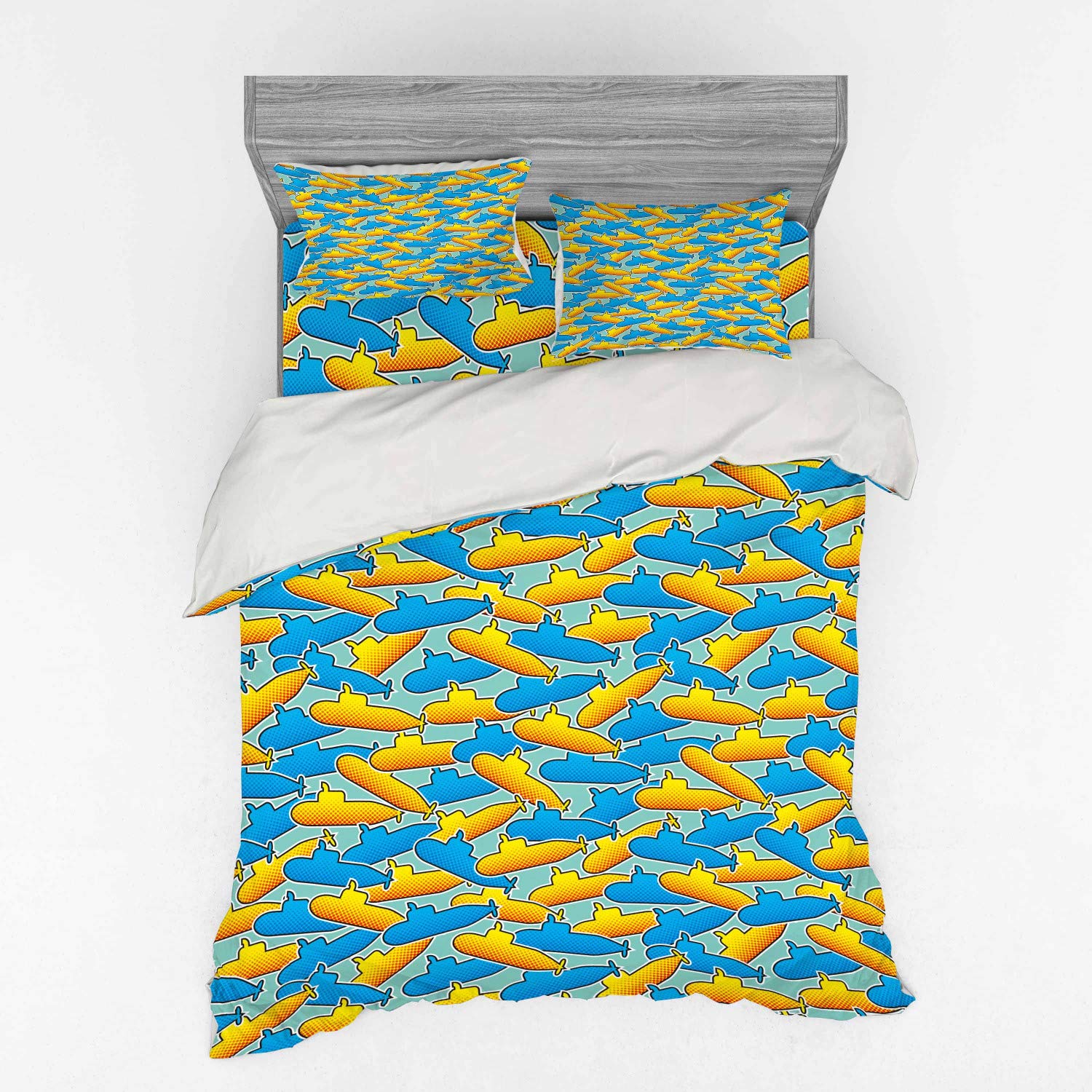 Ambesonne Yellow Submarine Bedding Set, Pop Art Style Retro Underwater Theme Classical Submarine Design Print, 4 Piece Duvet Cover Set with Shams and Fitted Sheet, California King, Yellow and Blue