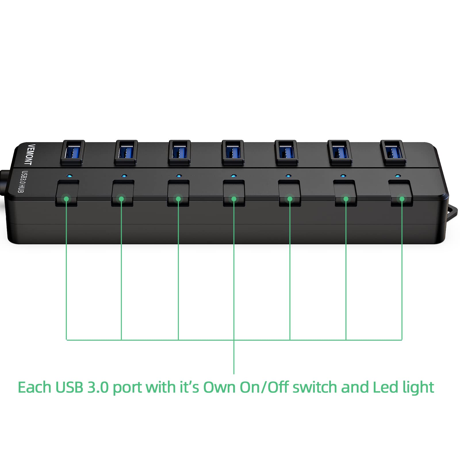VEMONT USB hub,Computer Peripheral Equipment 7-Port USB 3.0 hub with 5V2A Power Adapter and Individual On/Off Switches,USB Charging hub 4ft/1.2m Long Cable