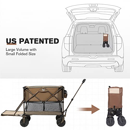 TIMBER RIDGE Folding Double Decker Wagon, Heavy Duty Collapsible Wagon Cart with 54" Lower Decker, All-Terrain Big Wheels for Camping, Sports, Shopping, Garden and Beach, Support Up to 225lbs, Brown