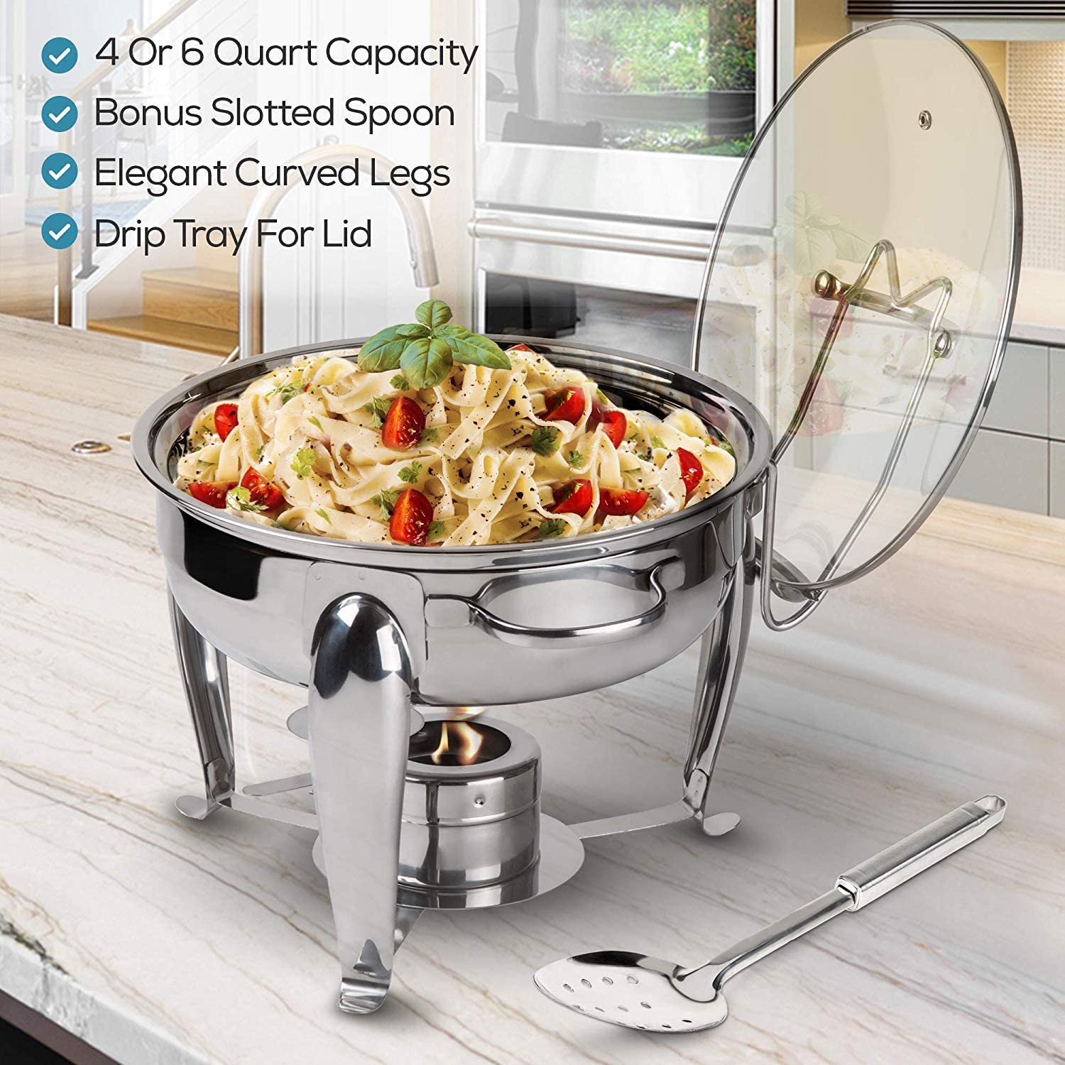 4 Quart Round Stainless Steel Chafing Dish with Bonus Slotted Spoon and Drip Tray for Lid| Keeps linens Dry | for Wedding, Graduation, Events, Parties | Sterno Holderā¦