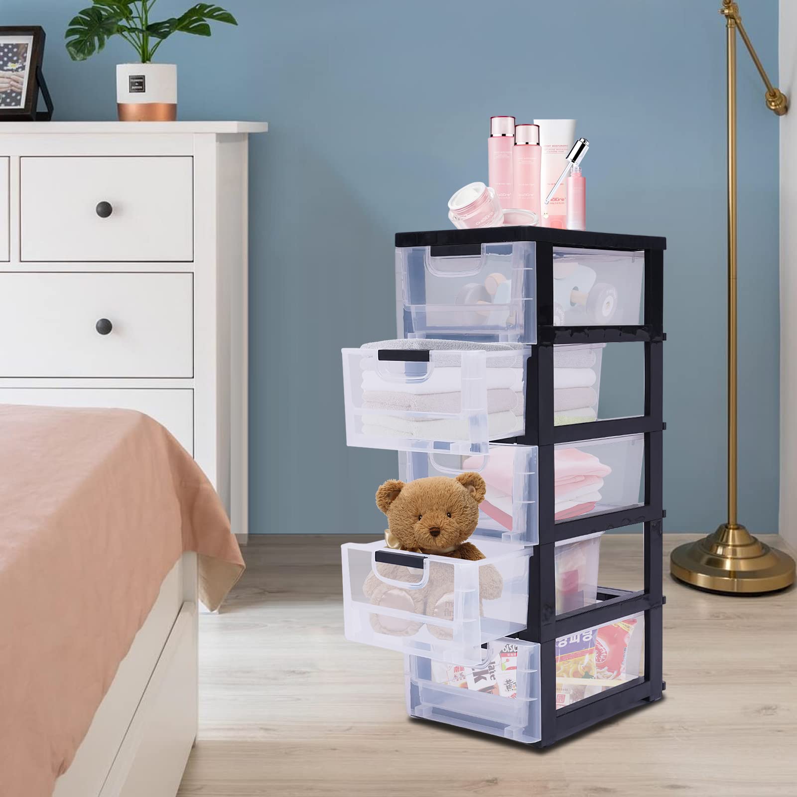 5 Drawer Storage Organizer, Vertical Storage Tower, Plastic Storage Dresser for Clothes Toys, Large Capacity Plastic Drawers Stackable, Storage Cabinet Drawers Organizer, Transparent