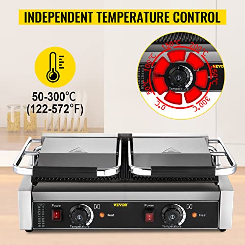 Happybuy 110V Commercial Sandwich Panini Press Grill 2X1800W Temperature Control 122°F-572°F Commercial Panini Grill for Hamburgers Steaks Bacons (Double Grooved Plates)