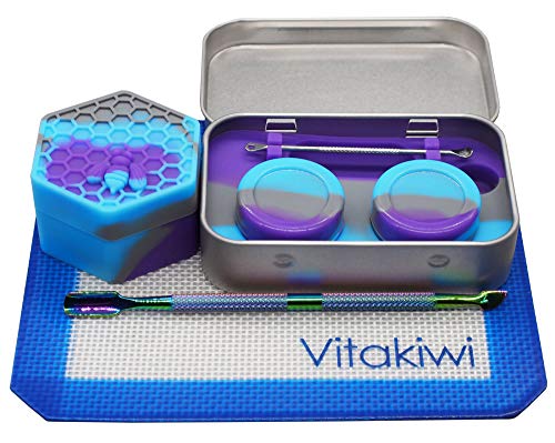 Vitakiwi Silicone Wax Carving Travel Kit with 5ml 26ml Honeybee Concentrate Containers + 5.2" Rainbow Tool + 5.9"Ă4.9" Mat + Tin Carrying Box (Purple Blue Grey)
