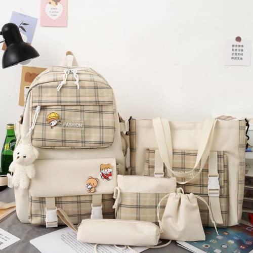 5Pcs Canvas Kawaii Backpack Combo Set with Cute Bear Pendant Pins Plaid Check Handle Shoulder Tote Daypack Bag Kit (Khaki)