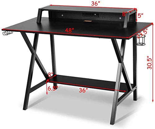 HAPPYGRILL Gaming Desk Home Computer Desk with Cup Holder & Headphone Hook, Professional Gaming Table Gamer Workstation with Built-in Wire-Management