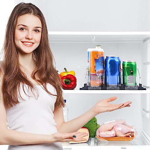 3 Set Drink Organizer for Fridge, Self-Pushing Beer Can Dispenser Holds Up to 12 Cans/Set, Width Ajustable Beverage Dispenser for Fridge Glide(Black)