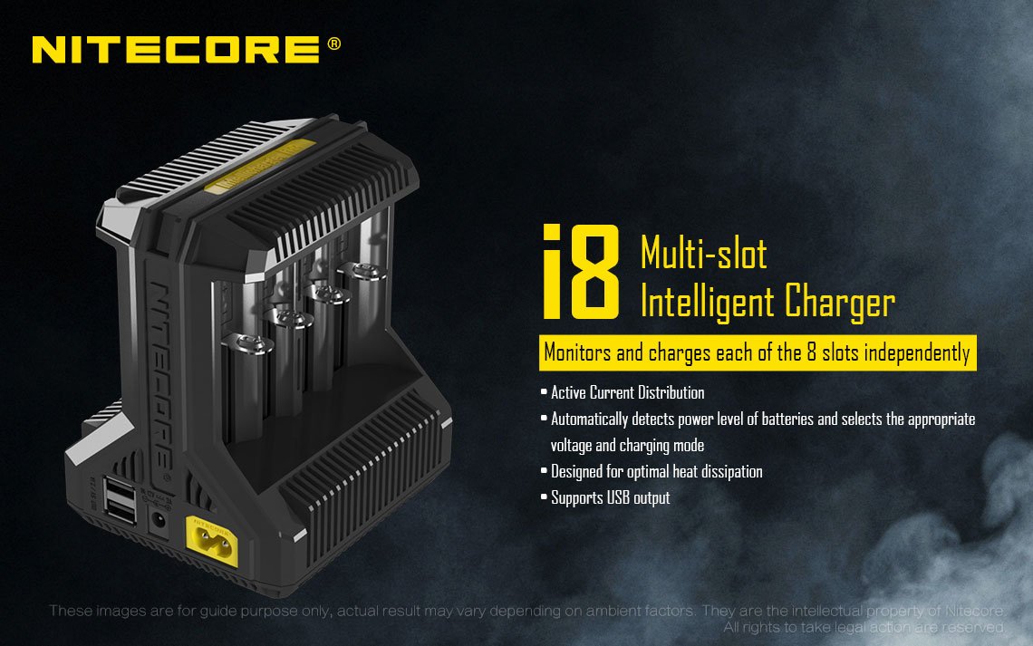 EdisonBright NITECORE i8 Eight Bays Smart Battery Charger for Li-ion/IMR/Ni-MH/Ni-Cd 26650 22650 18650 18490 18350 16340 RCR123 14500 AA AAA AAAA C D USB BBX3 Battery Carry case