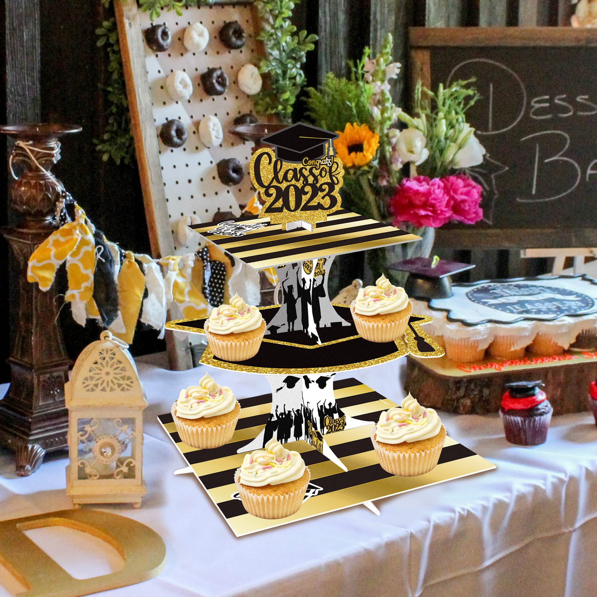 2023 Graduation Cupcake Stand for Graduation Party Decorations Supplies 3 Tier Class of 2023 Cardboard Dessert Stand for 24 Cupcake Toppers Picks
