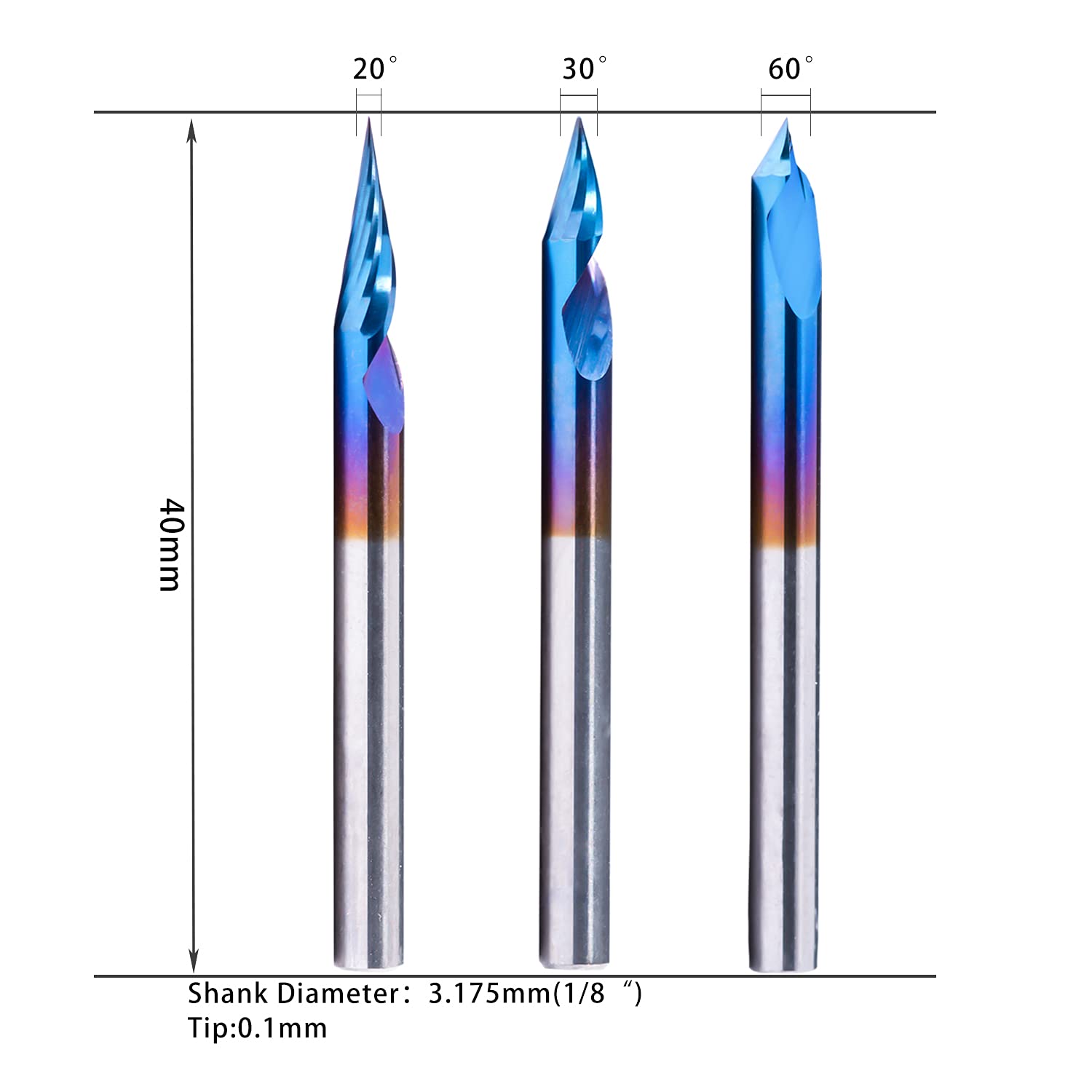 3pcs 20/30/60 Deg 0.1mm 2-Flute Spiral Engraving V-Bit Set for Wood Carving Milling, 1/8” Shank CNC Router Bits, Nano Blue Coating Carving Bit for Wood MDF Lettering Sign Making
