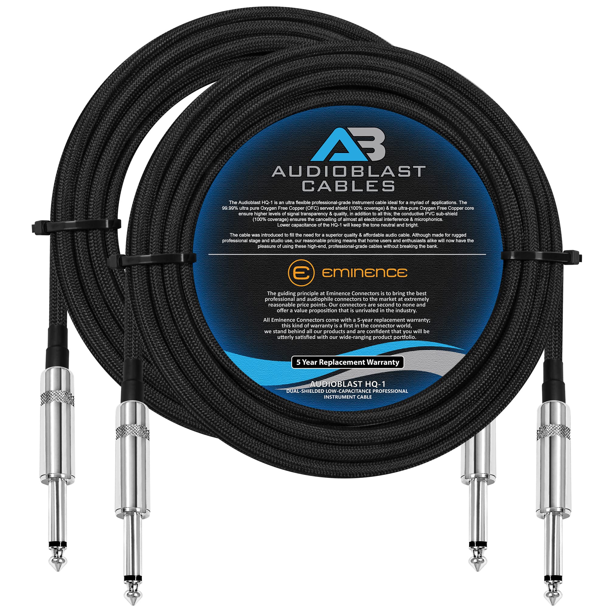 Audioblast - 2 Units - 18 Foot - HQ-1 - Braid(Black) Flexible - Dual Shielded(100%) - Guitar Instrument Effects Pedal Patch Cable w/Eminence Straight ¼ inch(6.35mm) TS Plugs & Double Staggered Boots