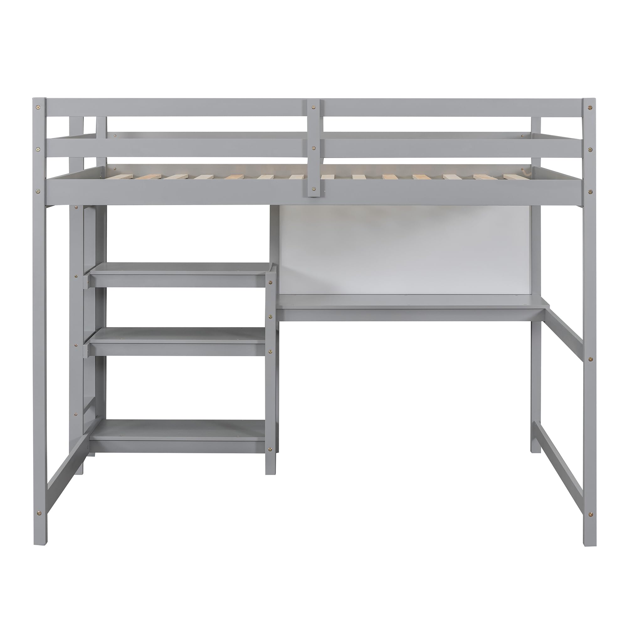 BIADNBZ Full Size Loft Bed with Desk, Shelves and White Writing Board, Wooden High LoftBed Frame, for Kids Teens Bedroom, Gray