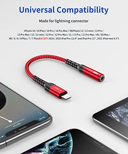 JSAUX iPhone Headphone Adapter, Lightning to 3.5mm Adapter [Apple MFi Certified] iPhone Aux Adapter Compatible with iPhone 14/14 Pro Max/13/13 Pro Max/12/12 Pro Max/11/11 Pro Max/SE/X/XR/XS/8-Red