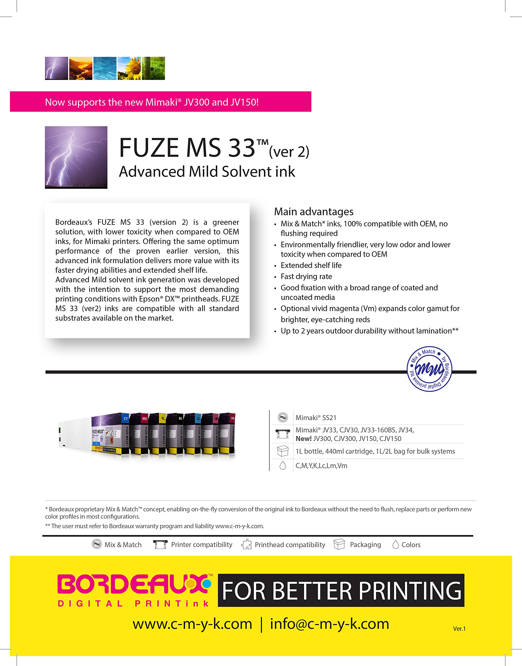 Bordeaux Fuze MS33 Mild Solvent Ink for Mimaki JV & CJV Printers - 1000ml Bottle (Magenta)
