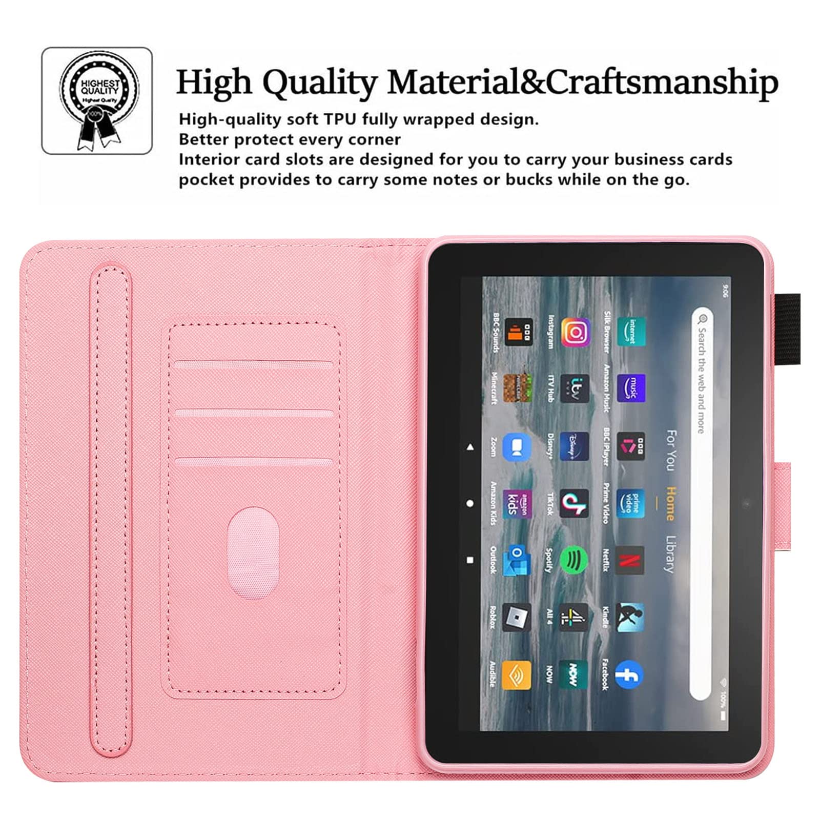 YUNHOTIC Case for All-New Amazon Fire HD 8 & 8 Plus (12th/10th Generation, 2024/2022/2020 Release), Pen Holder, Premium PU Leather Stand Cover with Smart Auto Wake/Sleep, Butterfly