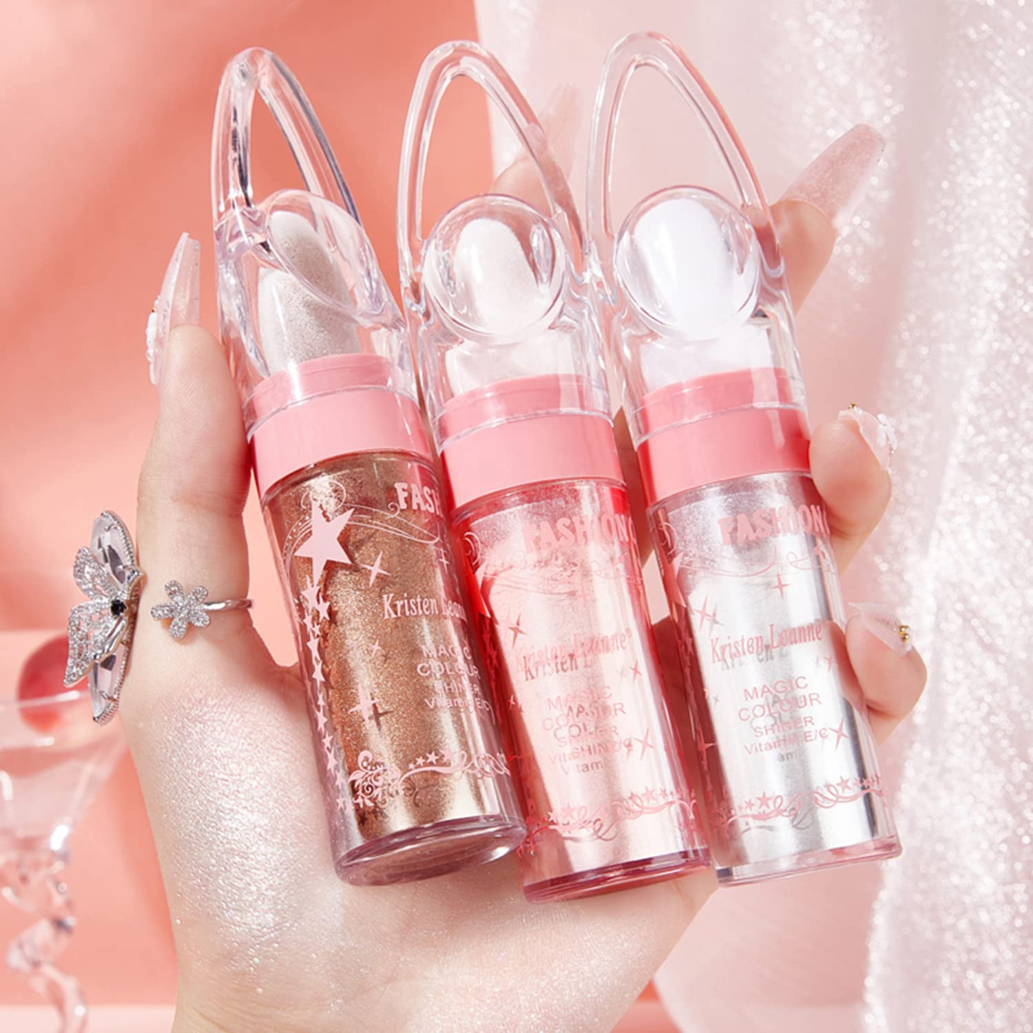 3PCS Polvo De Hadas Highlighter Powder Makeup Stick,the Natural Three-Dimensional Face Blusher Patting Powder for Highlight Face, Eyeshadow, Body Fairy Glitter Makeup Kit for Women's Day Gift