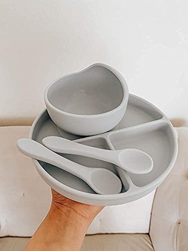 Ullabelle Toddler Plates, Bowls, & 2 Spoons for Babies - Silicone Suction Non-Slip Baby Feeding Set Kids - BPA Free (Blue)