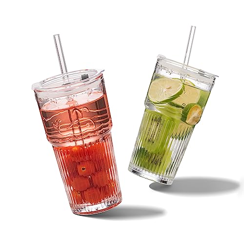 BLUEPOLAR 20oz/600ml Glass Cups With Lids and Glass Straws ,Thick Wall Iced Coffee Cup Glass Cup for Water, Iced Tea Fruit Juice Etc(Clear,2 Pack)