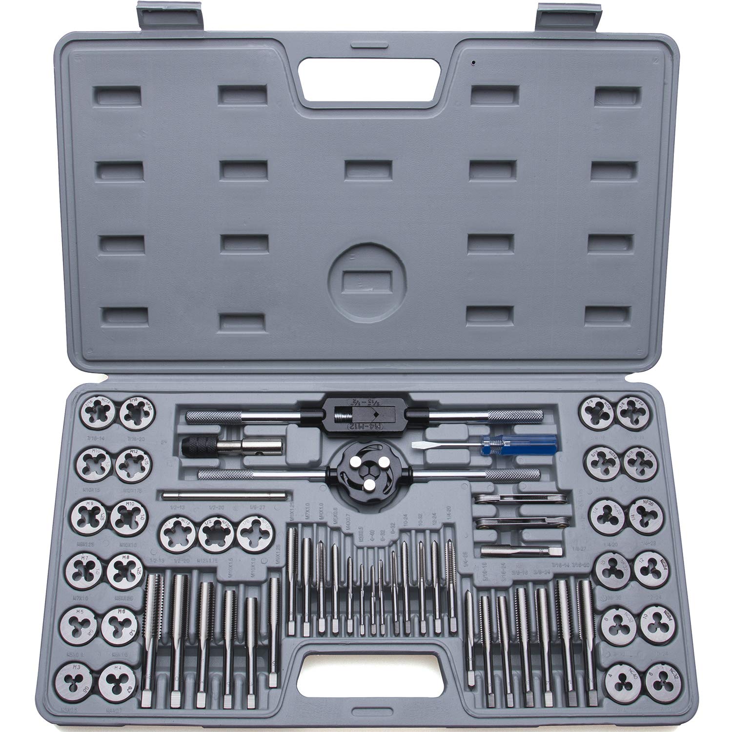 60-Pc Master Tap and Die Set - Include SAE Inch Size #4 to 1/2β and Metric Size M3 to M12, Coarse and Fine Threads | Essential Threading Rethreading Tool Kit with Complete Accessories and Storage Case