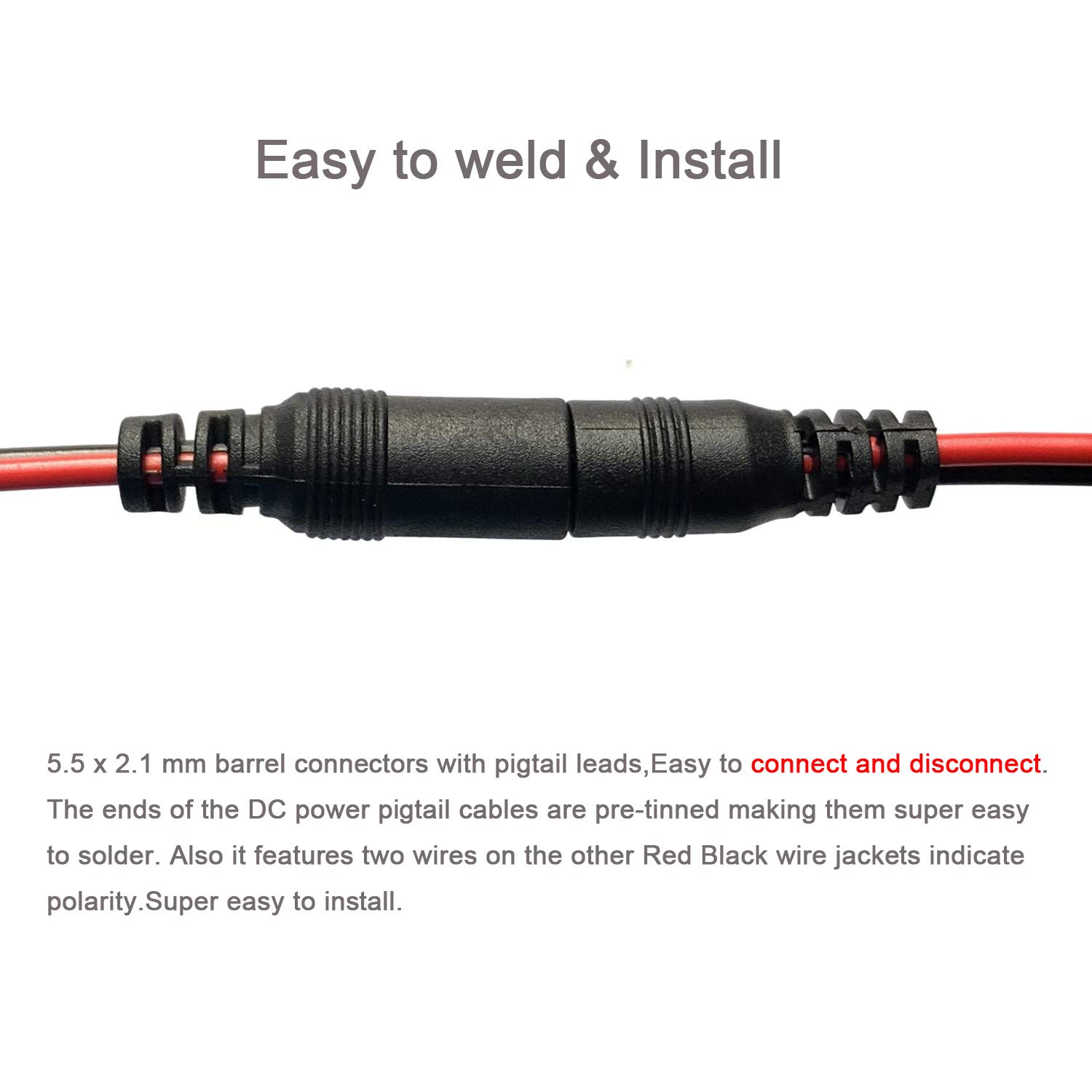 DAYKIT 10 Pairs DC Power Pigtail Cable, 12V 5A 2.1mm x 5.5 mm Male & Female Connectors for CCTV Security Camera and Lighting Power Adapter