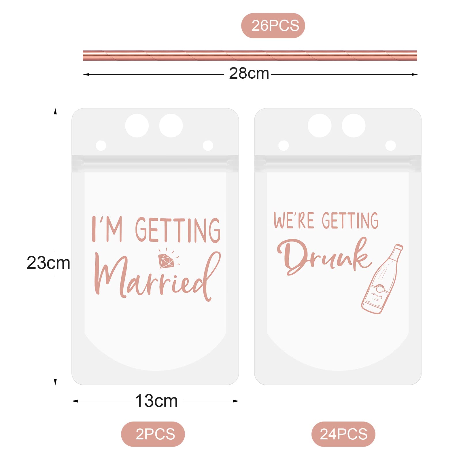 26 Pcs Drink Pouches for Wedding Party with Rose Gold Straw Reclosable Plastic Juice Bags Party Drink Pouch Bag, 17 oz