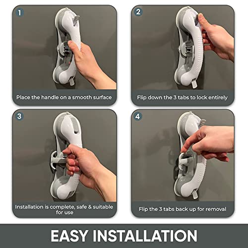 3 Suction Cup Grab Bars for Bathtubs and Showers, Shower Handles for Elderly Suction, Bathroom Accessories for Shower Chair, Grab Bars for Elderly for Wall, Handicap Grab Bars for Senior (2pack)