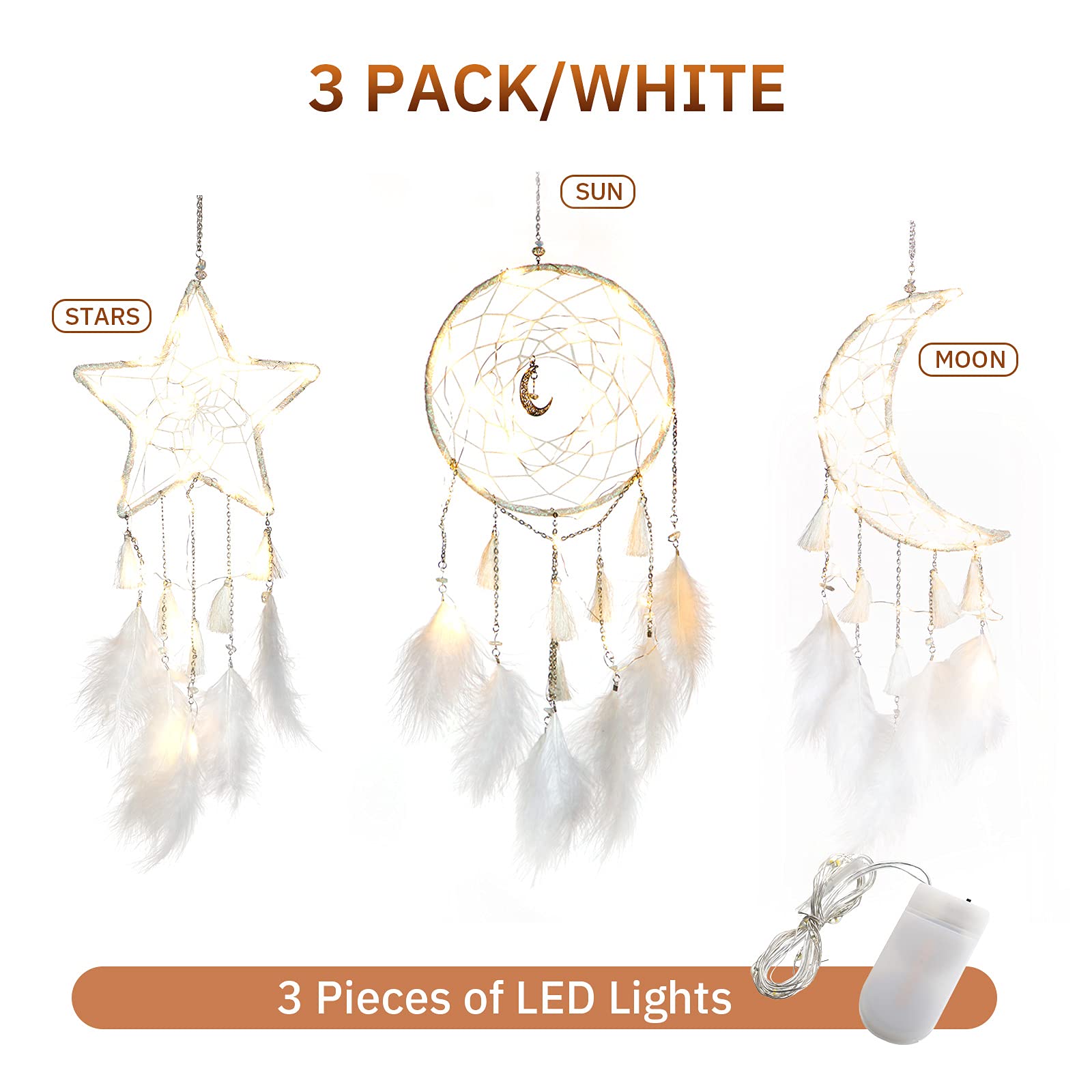3 Pieces LED Dream Catcher Handmade Chain Dream Catcher Moon Sun Star Bohemian Design Home Decor for Wall Hanging Home Decoration