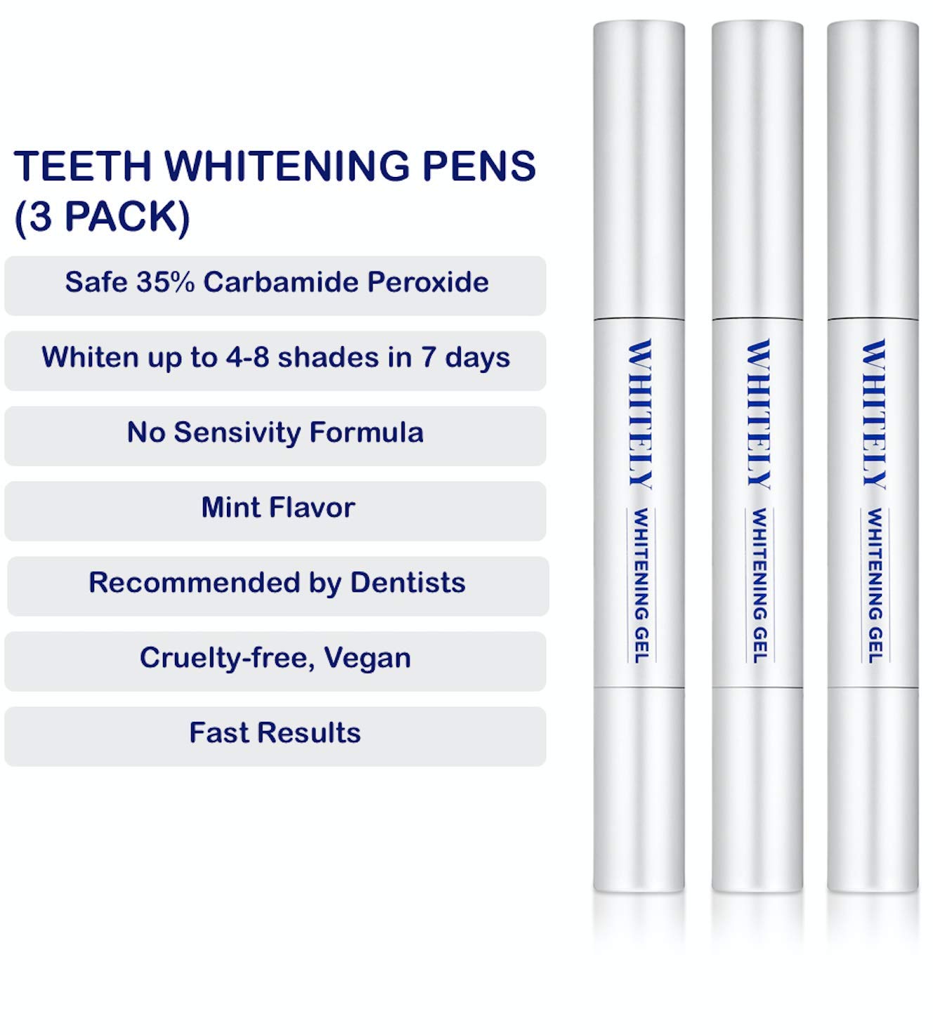 WHITELY Premium Teeth Whitening Pen (3 Pack), 35% Carbamide Peroxide Gel, 30+ Uses, No Sensitivity, Painless, Effective, Easy to Use, Travel-Friendly, Natural Mint Flavor
