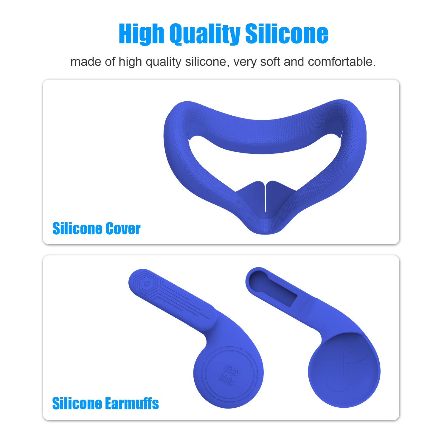 AMVR VR Silicone Face Cover & Ear Muffs for Oculus Quest 2 Headset, Sweatproof Waterproof Anti-Dirty Replacement Facial Cushion and Enhance Headset Sound Headphone Extension Cover (Blue, 1 Set)