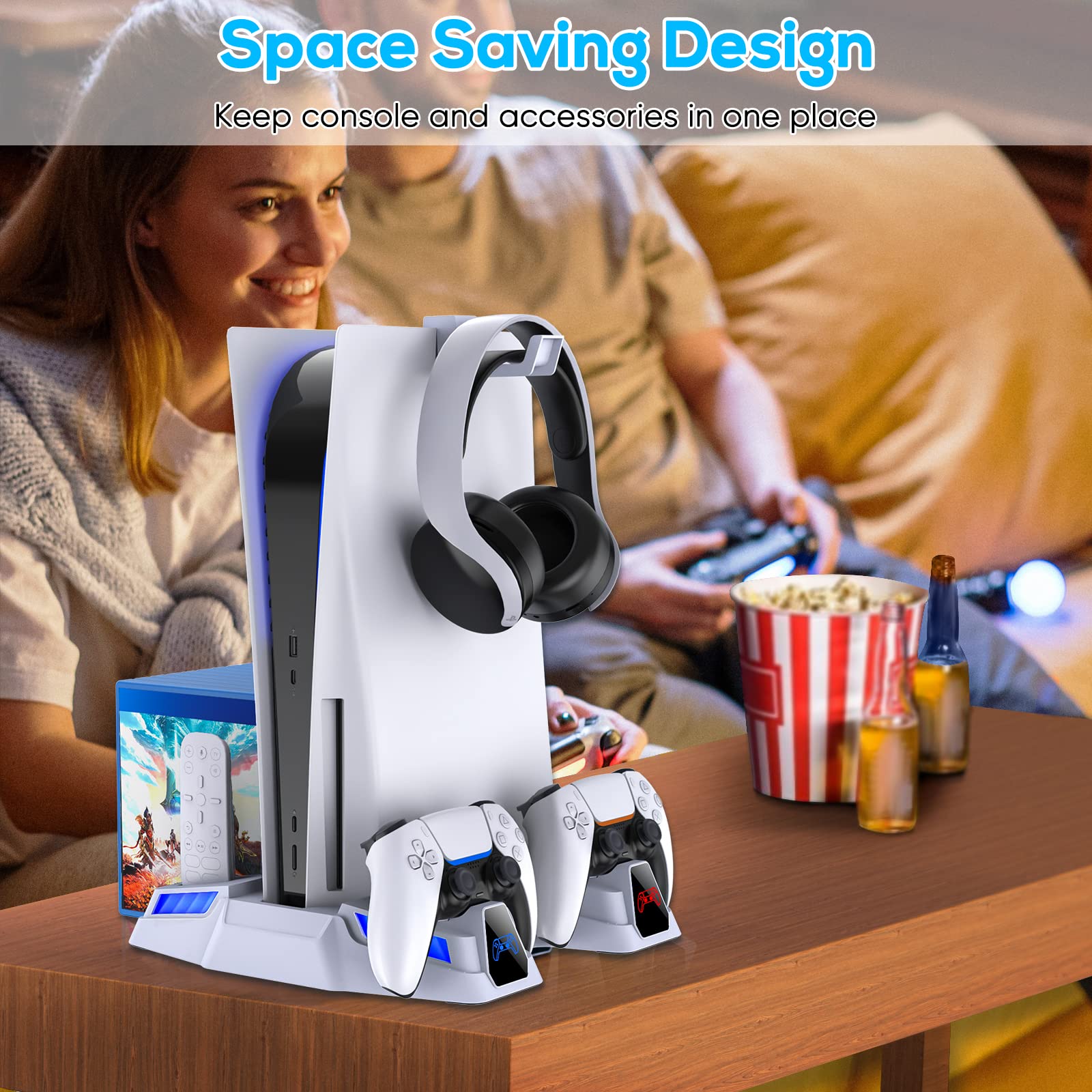 5 in 1 Stand for PS5 with Cooling Fan and Controller Charger, Console Cooling & Dual Charging Station Accessories Vertical Stand with 10 Games/Media Remote Organizer Headset Holder for Playstation 5